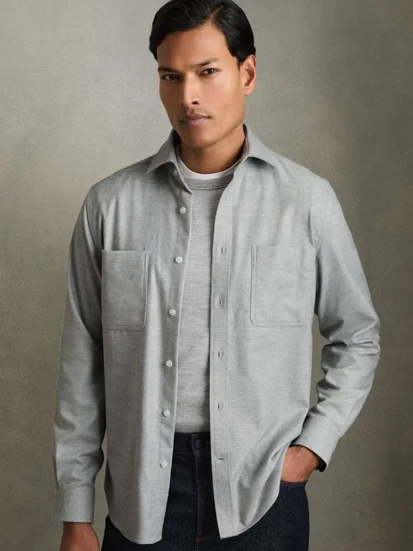 REISS Crawford Twin-pocket Button-through Overshirt - Soft Grey Melange