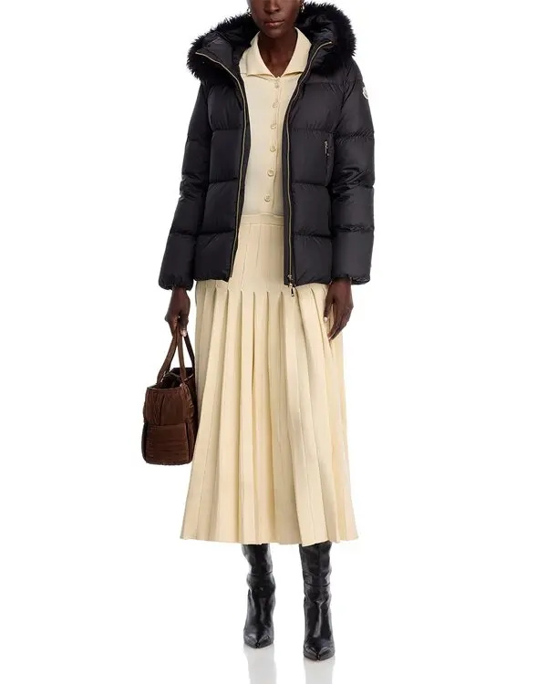 Moncler Laichefur Shearling Trim Hooded Down Jacket - Black