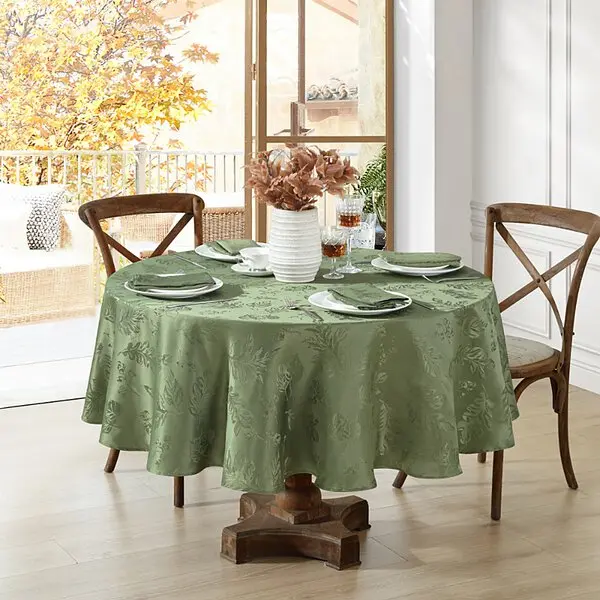 ELRENE HOME FASHIONS Elegant Woven Leaves Jacquard Damask Round Tablecloth, 70 X 70 - Olive
