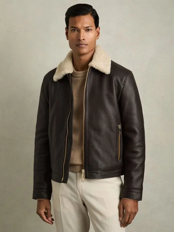 REISS Shetland Shearling-collar Leather Jacket