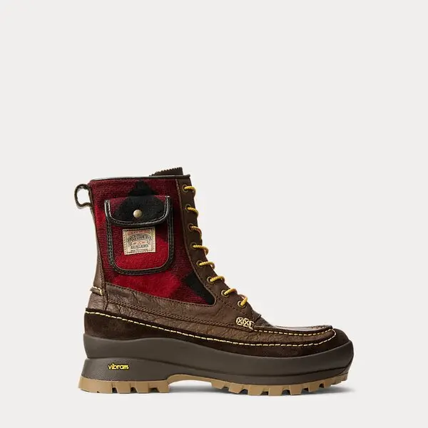 Ralph Lauren Logan Leather And Plaid Wool Boots - Chocolate/red Plaid