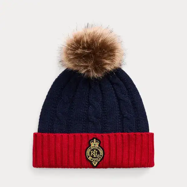 Ralph Lauren Crest-Patch Pom-Pom Cable-Knit Beanie In Navy  display picture 1