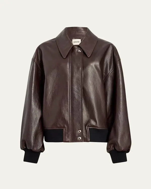 Khaite Shelman Leather Bomber Jacket - Dark Brown