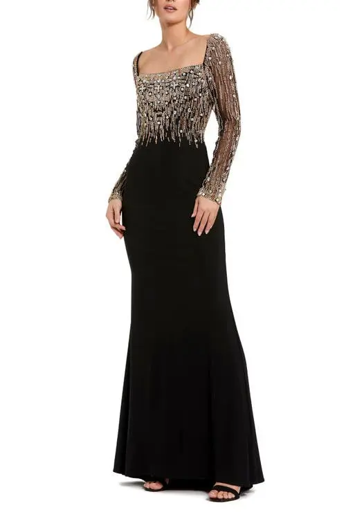 Mac Duggal Beaded Square Neck Long Sleeve Jersey Gown - Black Gold