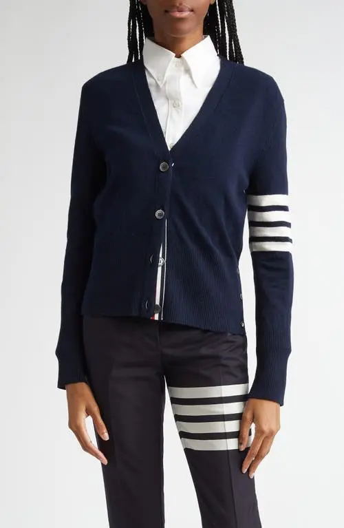 Thom Browne Classic 4-bar Virgin Wool V-neck Cardigan - Navy