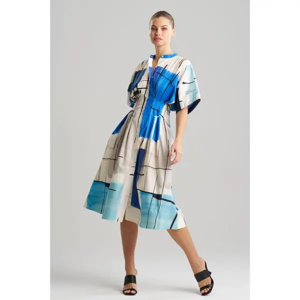 Natori Printed Cotton Poplin Button-down Dress - Blue/grey