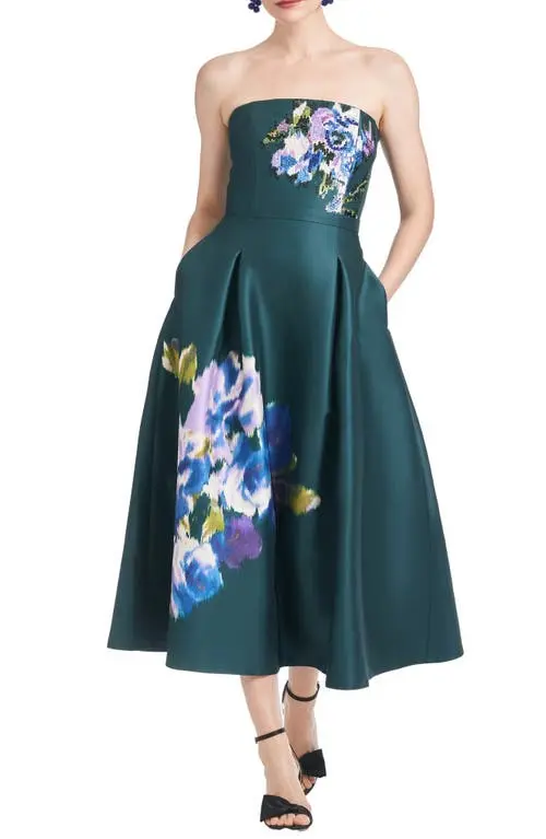 Sachin & Babi Shay Strapless Mikado Midi Cocktail Dress - Forest Green Placement Ikat