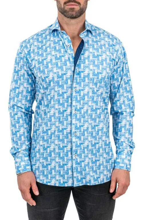 MACEOO Einstein Wood Waves Print Stretch Button-up Shirt - Blue