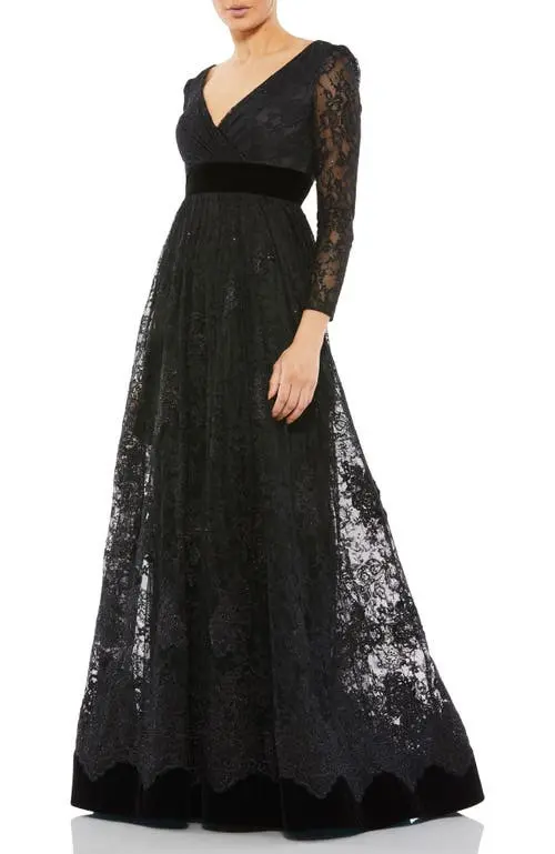 Mac Duggal Lace Long Sleeve Wrap Dress
