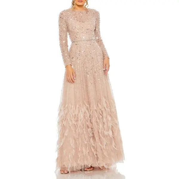 Mac Duggal Disc Embellished Sequin Gown With Feather Detail - Dusty Rose