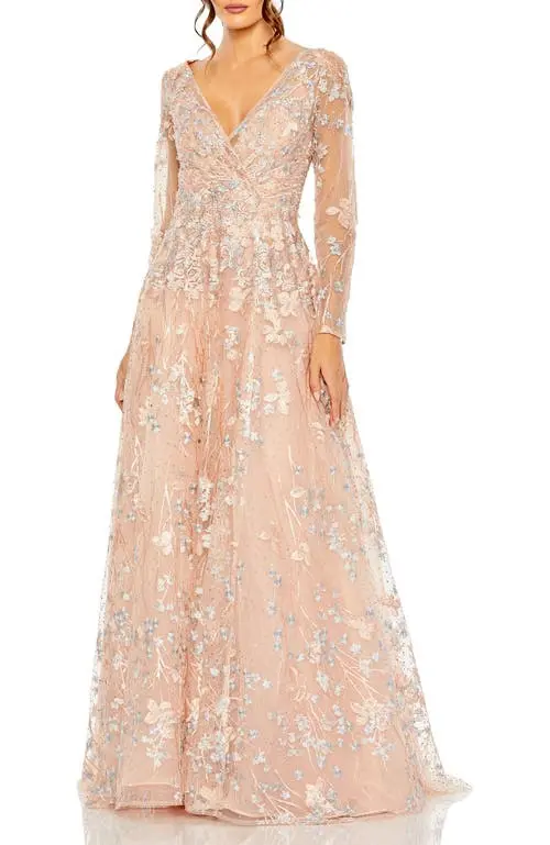 Mac Duggal Embellished Illusion Long Sleeve A-line Gown - Peach