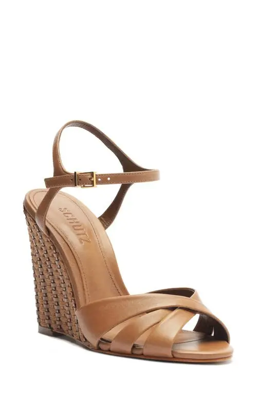 Schutz Keefa Ankle Strap Wedge Sandal - Caramel Coffee