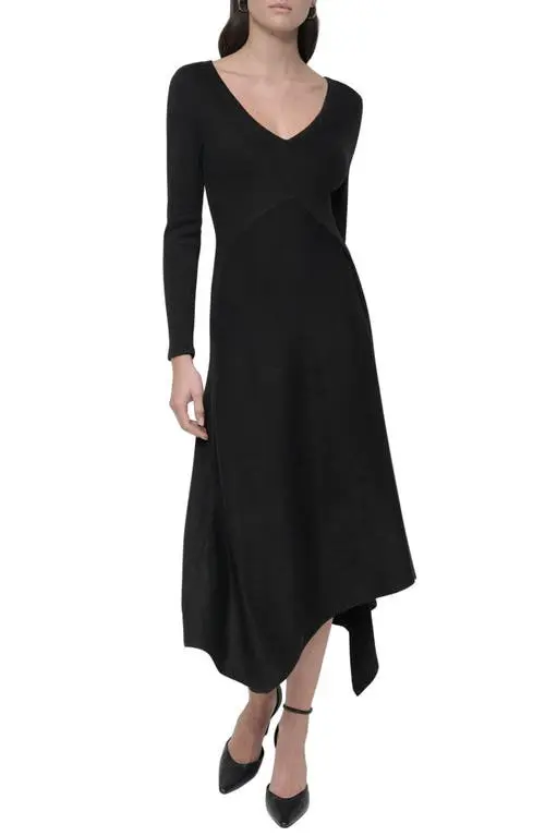 Dkny Long Sleeve Asymmetric Rib Knit Dress - Black | Editorialist