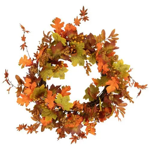 NORTHLIGHT Gold Berries And Autumn Leaves Fall Harvest Artificial Twig Wreath22"unlit - Orange