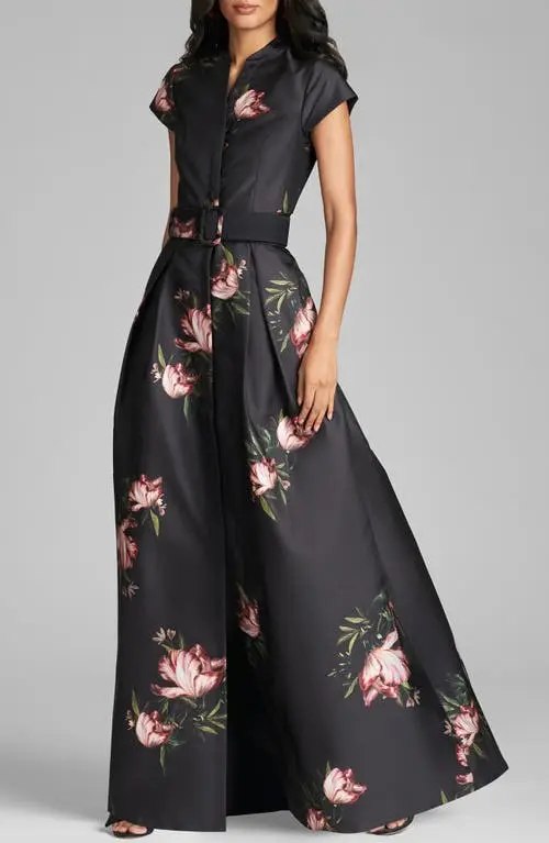Sachin & Babi Marta Floral Print Belted Satin Gown - Noir Blossom