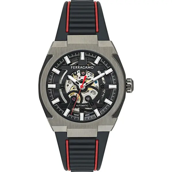 FERRAGAMO Supreme Skeleton Recycled Polyurethane Strap Watch - Ip Gunmetal