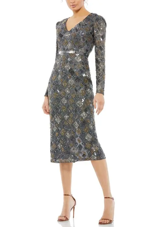 Mac Duggal Long Sleeve Geometric Sequin Midi Dress - Charcoal