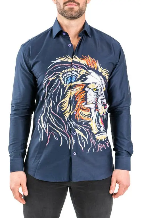 MACEOO Fibonacci Lion Embroidered Contemporary Fit Button-up Shirt - Blue