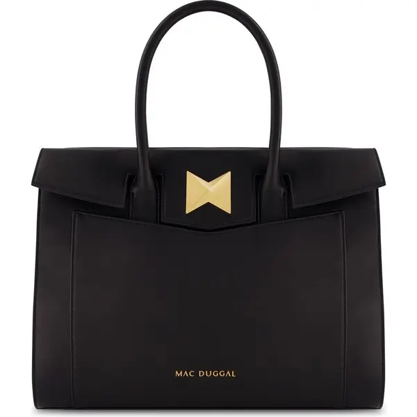 Mac Duggal Large Leather Briefcase With Gold Hardware - Black