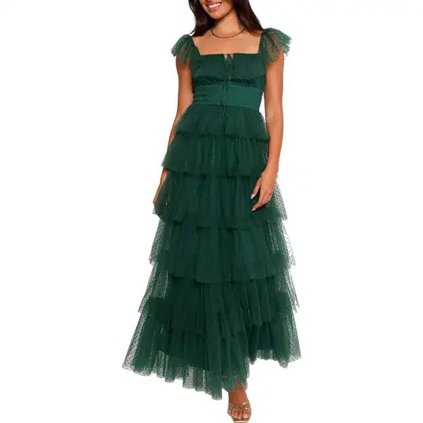 Petal & Pup Belle Swiss Dot Tulle Tiered Maxi Dress - Hunter Green |  Editorialist