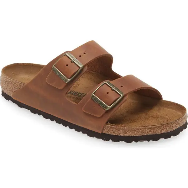 BIRKENSTOCK Arizona Soft Slide Sandal - Cognac Oiled Leather