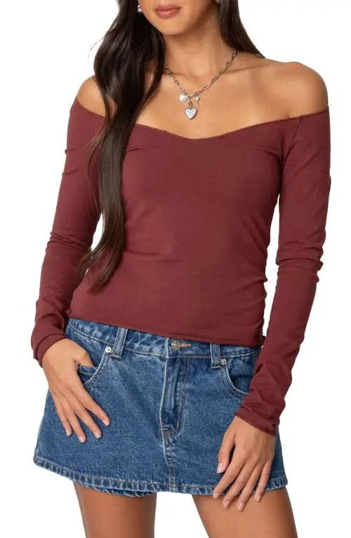 EDIKTED Nattie Off-the-shoulder Long Sleeve Top - Burgundy