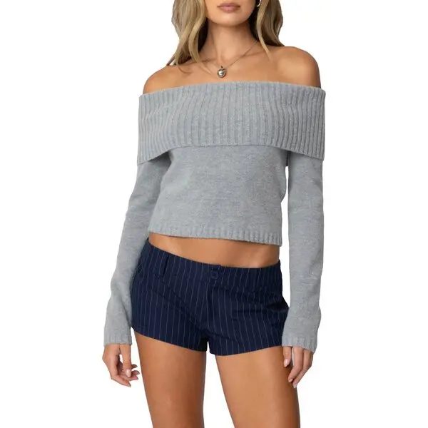 EDIKTED Tamara Foldover Crop Sweater - Gray-melange