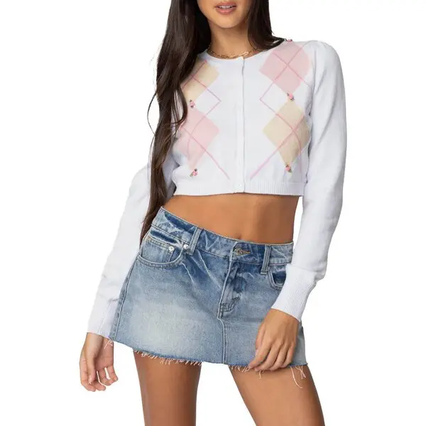 EDIKTED Francis Argyle Crop Cardigan