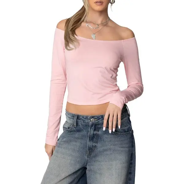 EDIKTED Tahlia Off-the-shoulder Crop Top - Pink