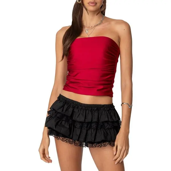 EDIKTED Maxeen Shiny Ruched Tube Top - Burgundy