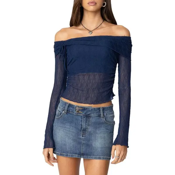 EDIKTED Off-the-shoulder Sheer Top - Navy