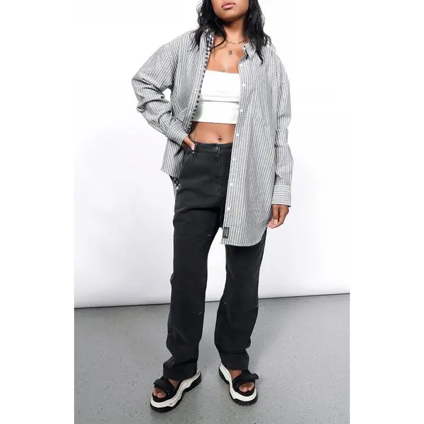 WILDFANG Essential Long Sleeve Oversized Wrap Button Up - Stripe Grey