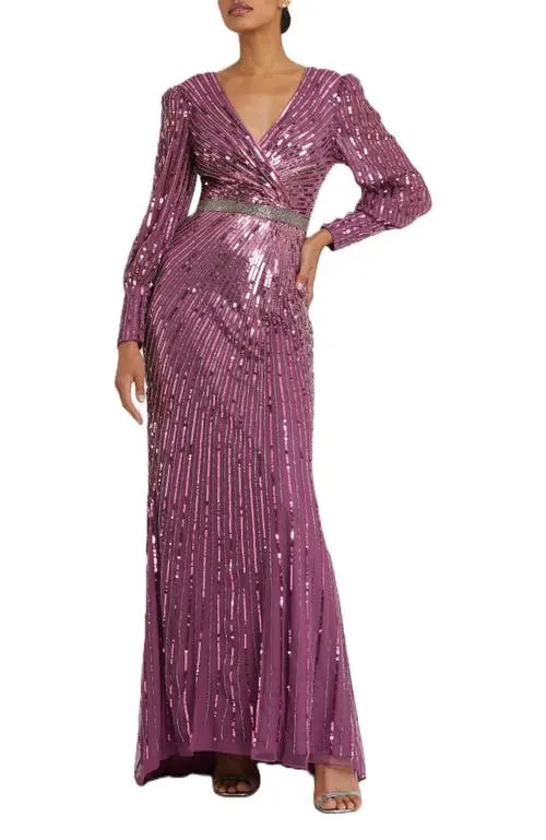 Mac Duggal Sequined Wrap-over Gown With Bishop Sleeves - Raspberry