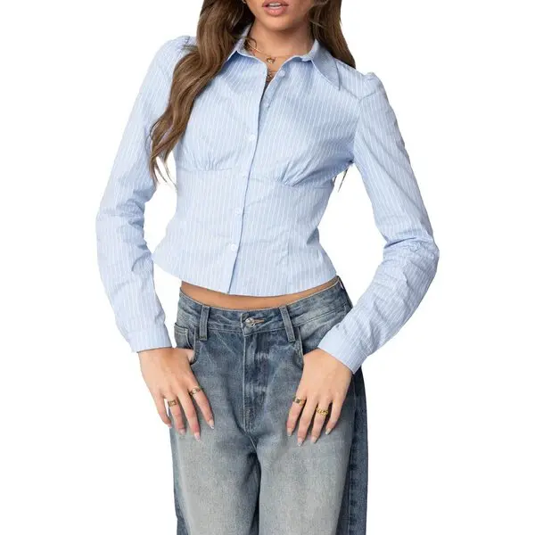 EDIKTED Pinstripe Tailored Button-up Shirt - Light-blue