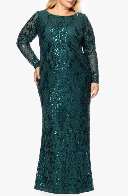 Betsy & Adam Sequin Long Sleeve Mermaid Gown