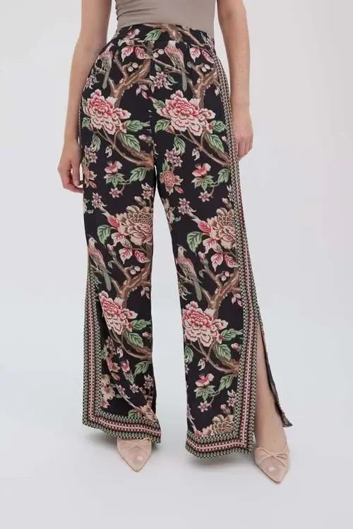 RAISHMA Hallie Floral Wide-leg Trousers - Black