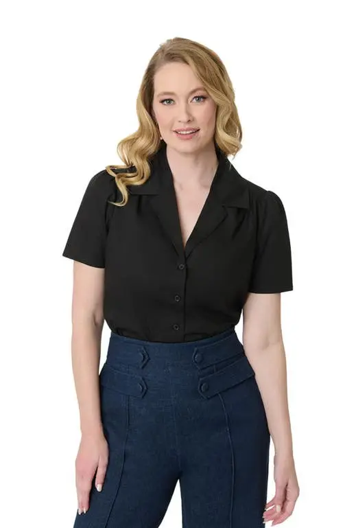 Unique Vintage 1940s Short Sleeve Button Down Blouse - Black