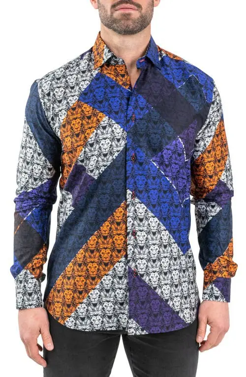 MACEOO Fibonacci Lion Print Contemporary Fit Button-up Shirt - Black