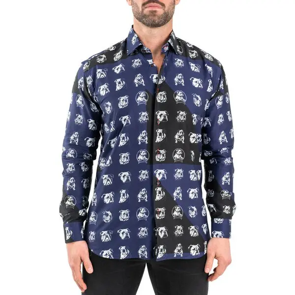 MACEOO Fibonacci Bulldog Print Contemporary Fit Button-up Shirt - Blue