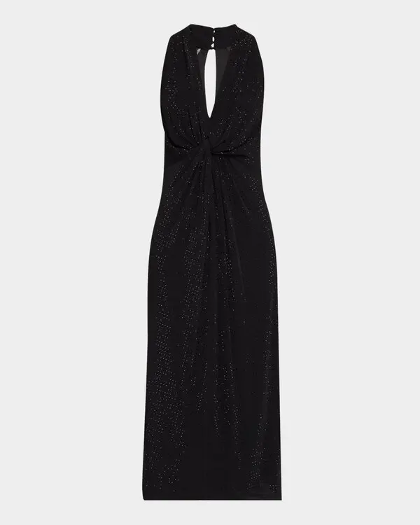 UNGARO Twist-front Rhinestone Midi Dress