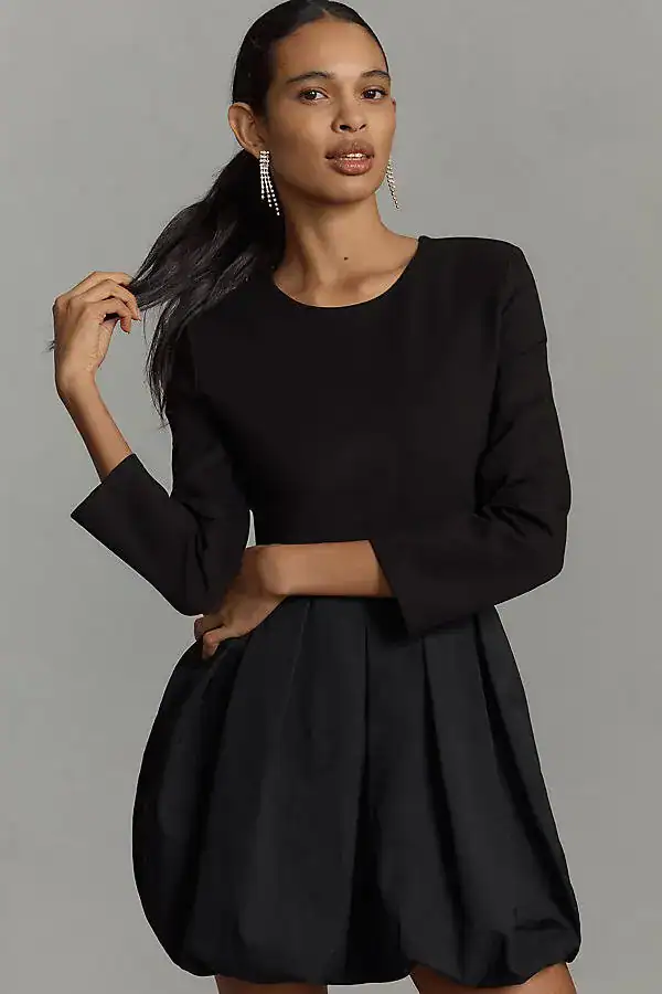 English Factory Long-Sleeve Twofer Bubble Mini Dress In Black - 38% Off |  Editorialist