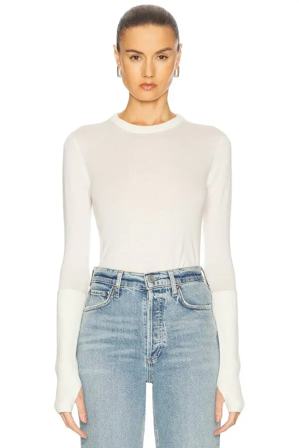 Enza Costa Fitted Cuffed Long Sleeve Crewneck Sweater - Ivory