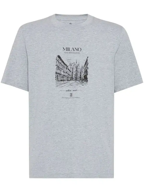 Brunello Cucinelli Cotton Milano Graphic Print T-Shirt In Grey