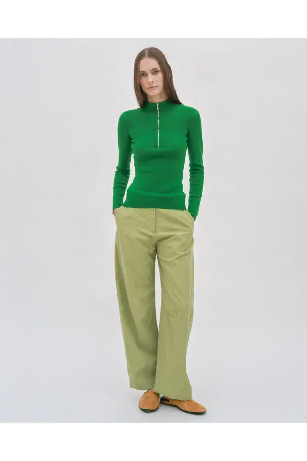Rosetta Getty Ribbed Zip-up Turtleneck Top - Green