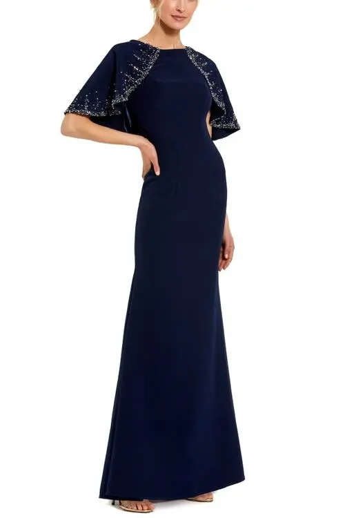 Mac Duggal Crepe High Neck Fitted Gown With Beaded Shawl