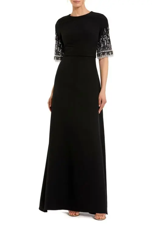 Mac Duggal Crepe A-line Gown With Beaded Sleeves - Black