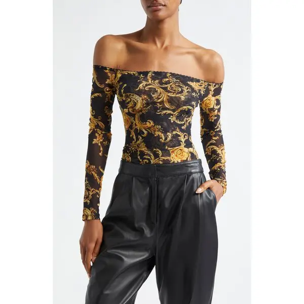 L'Agence Peonie Mesh Bodysuit - Black/gold Barocco Swirl