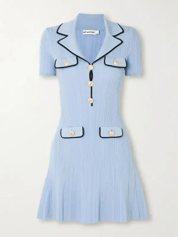 Self-Portrait Ribbed-Knit Mini Dress In Blue - 40% Off | Editorialist