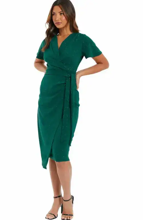 Quiz Glitter Angel Sleeve Midi Dress In Bottle Green - 30% Off |  Editorialist