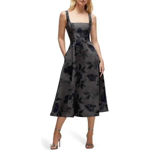 Dessy Collection Metallic Floral Fit & Flare Midi Dress
